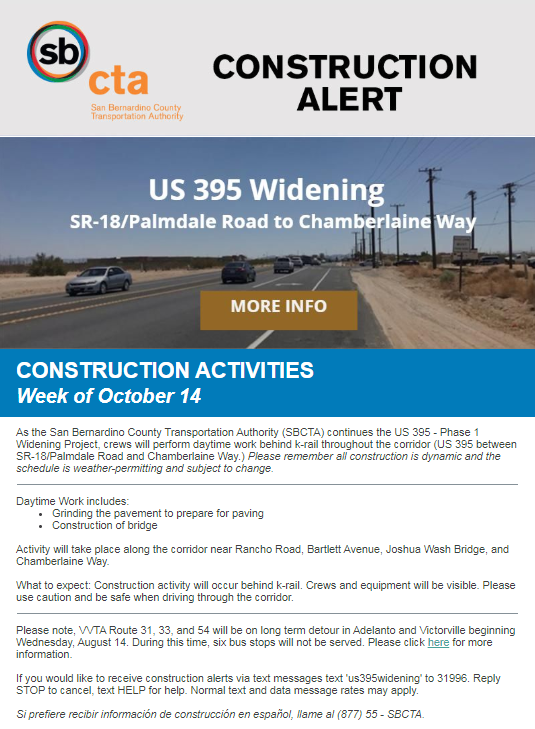 US 395 Construction Alert Week of October 28 - SBCTA