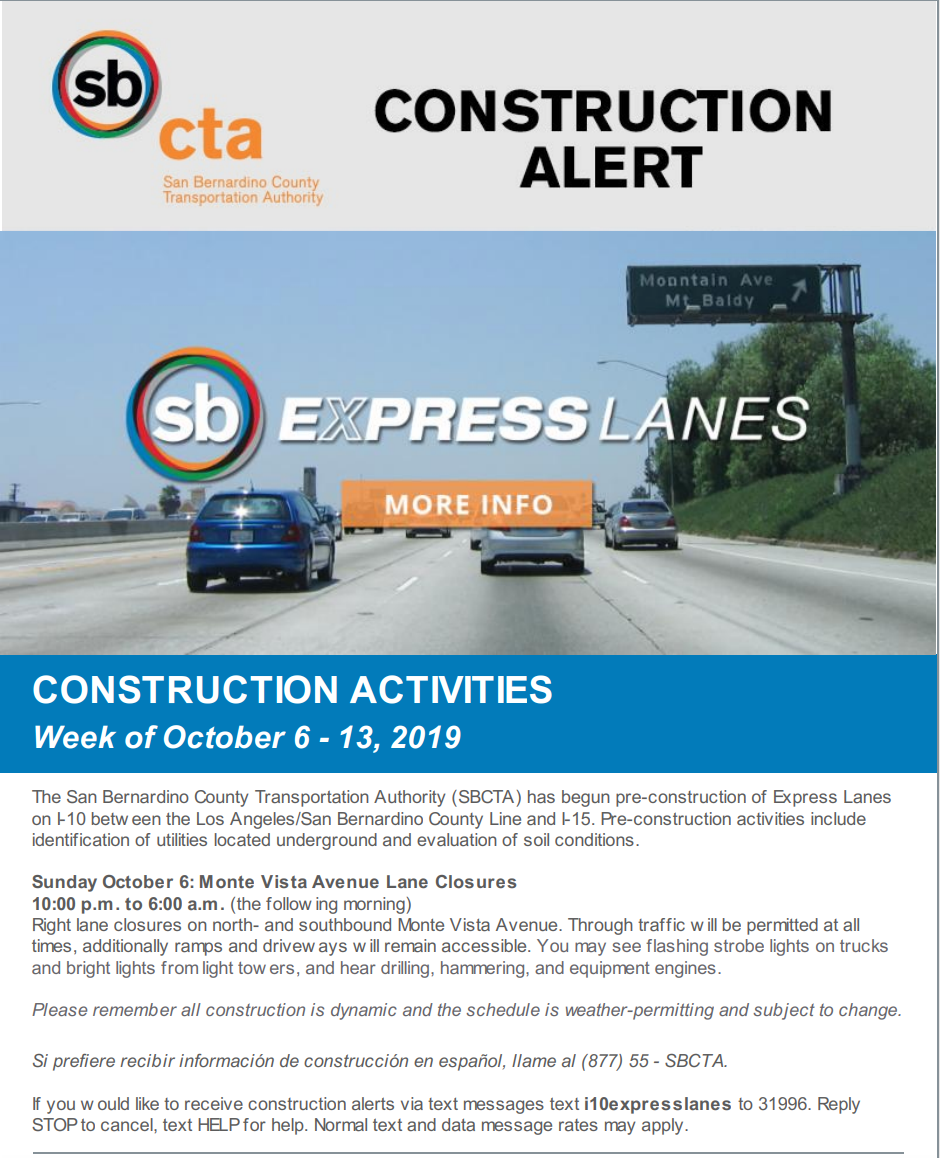 I-10 Construction Alert Week of October 28 - SBCTA